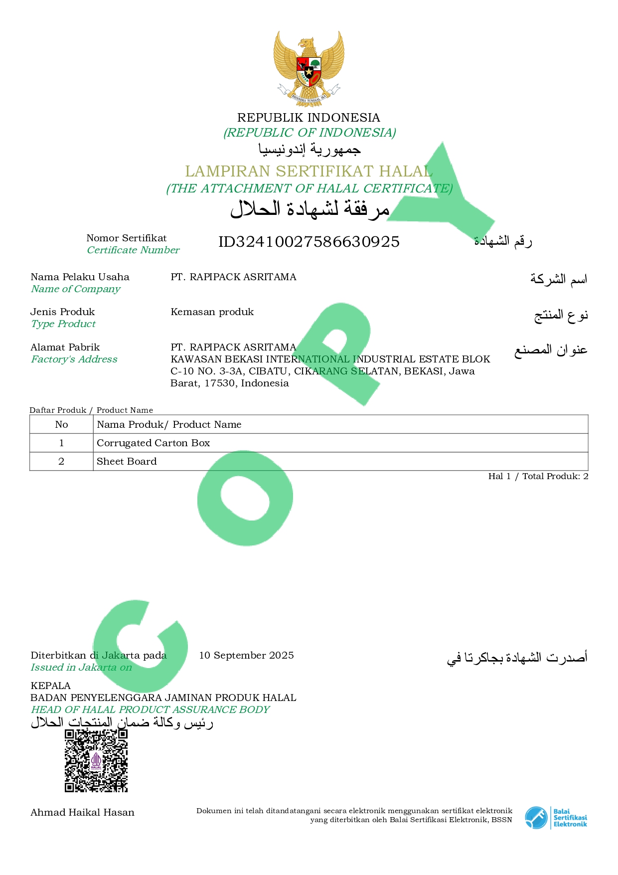 Certifications | PT. Rapipack Asritama