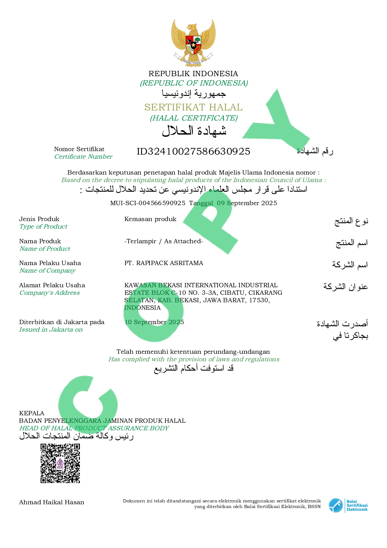 Certifications | PT. Rapipack Asritama